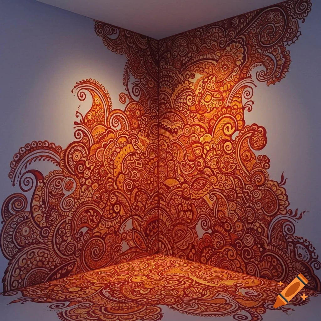 Intricate orange henna-inspired pattern covers a room corner, flowing ...
