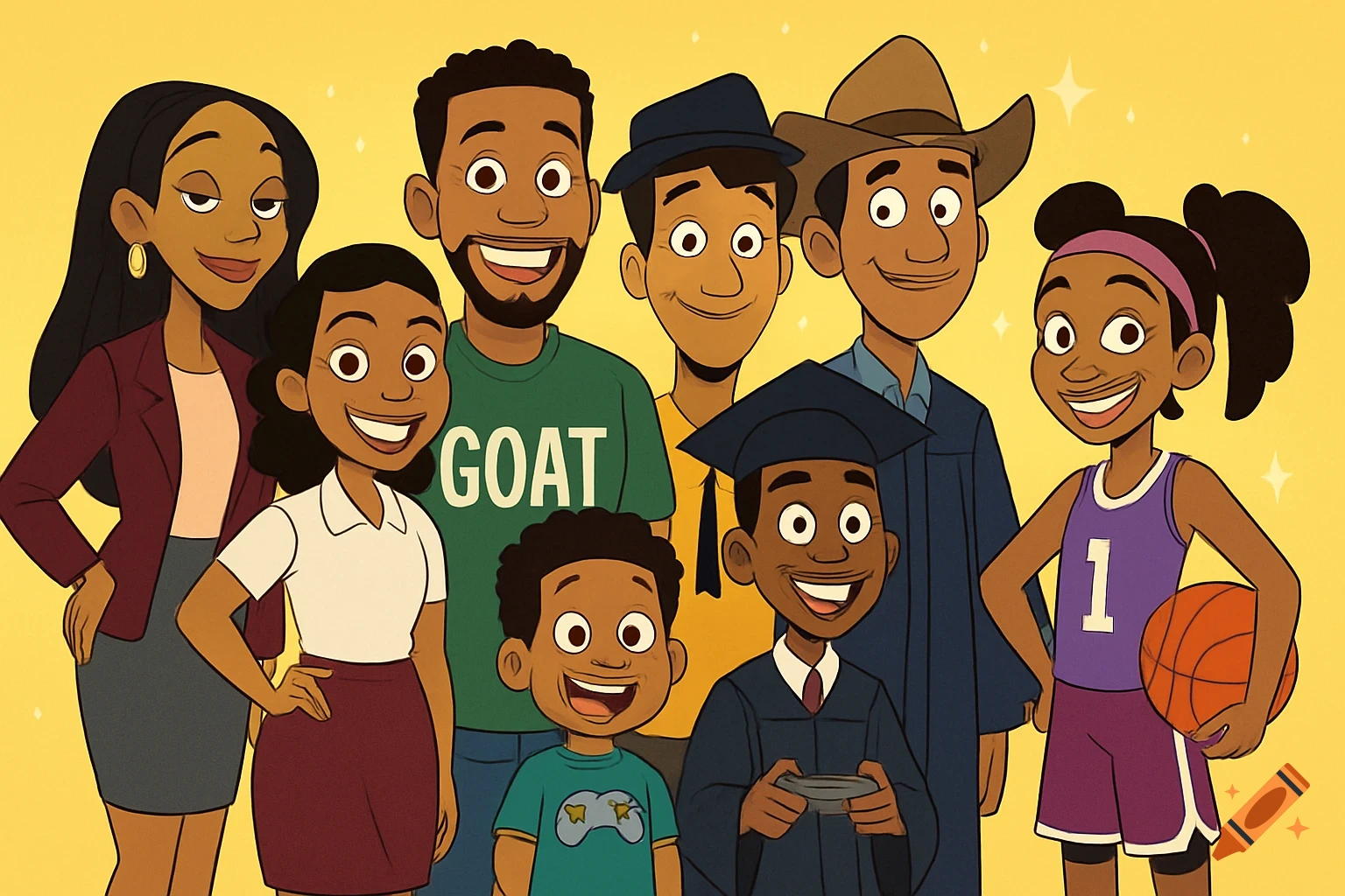 Cartoon portrait of a diverse African American family posing, including ...