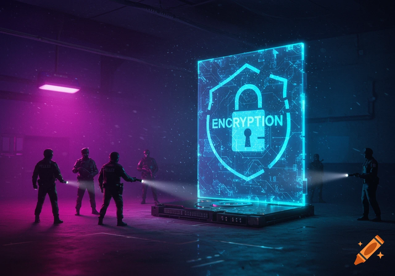Police officers look at a glowing digital shield with 'ENCRYPTION' and ...