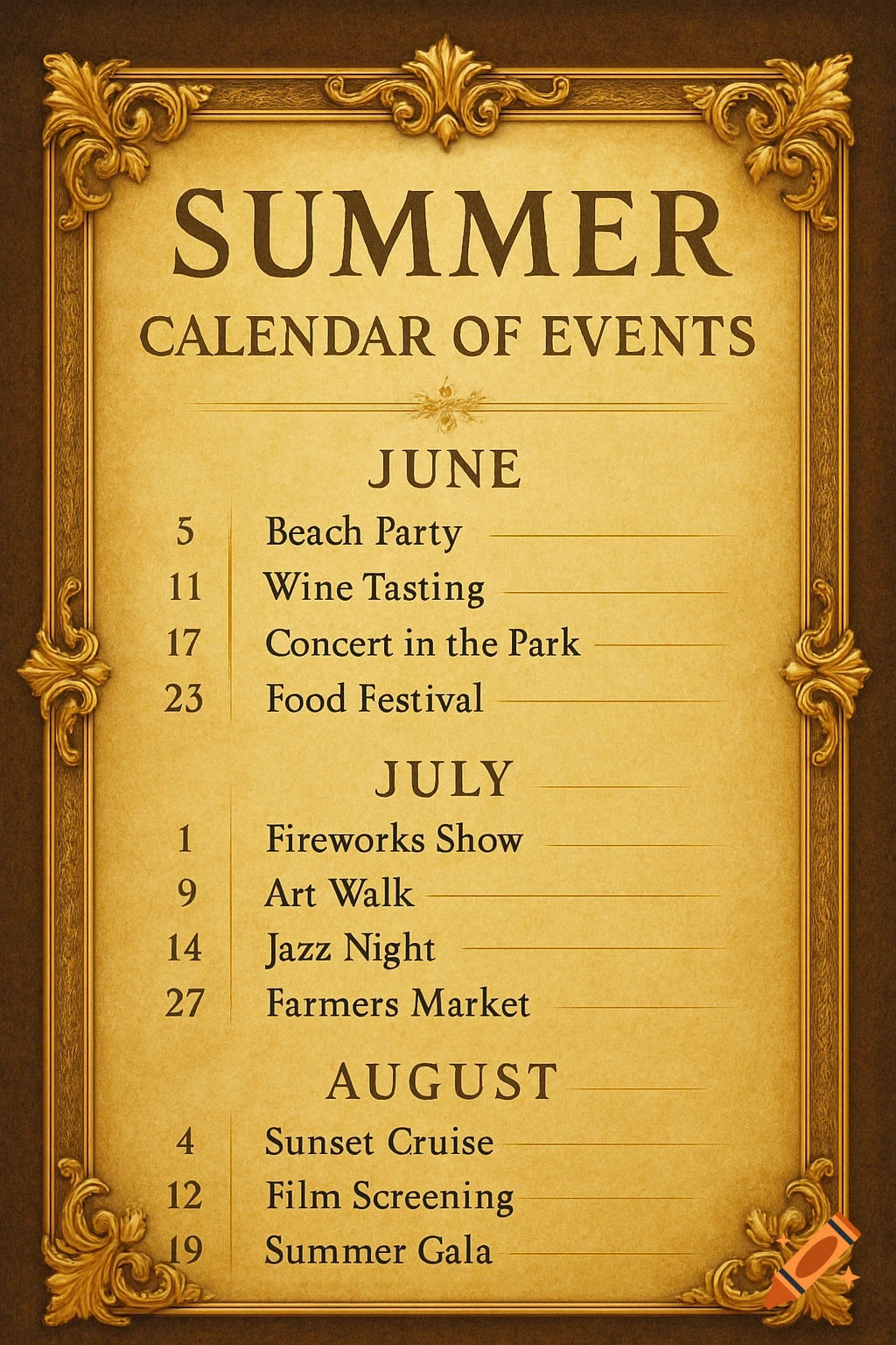 An ornate, luxurious summer calendar of events framed on aged paper. on ...
