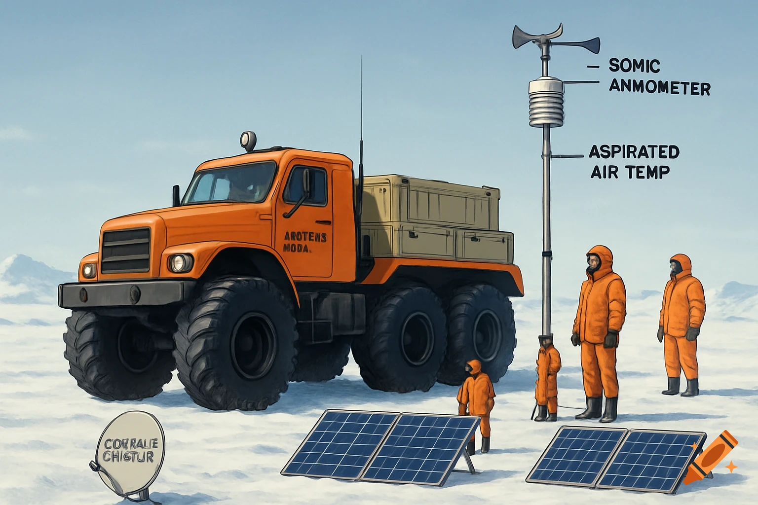 An orange truck with oversized tires sits in a snowy landscape with ...