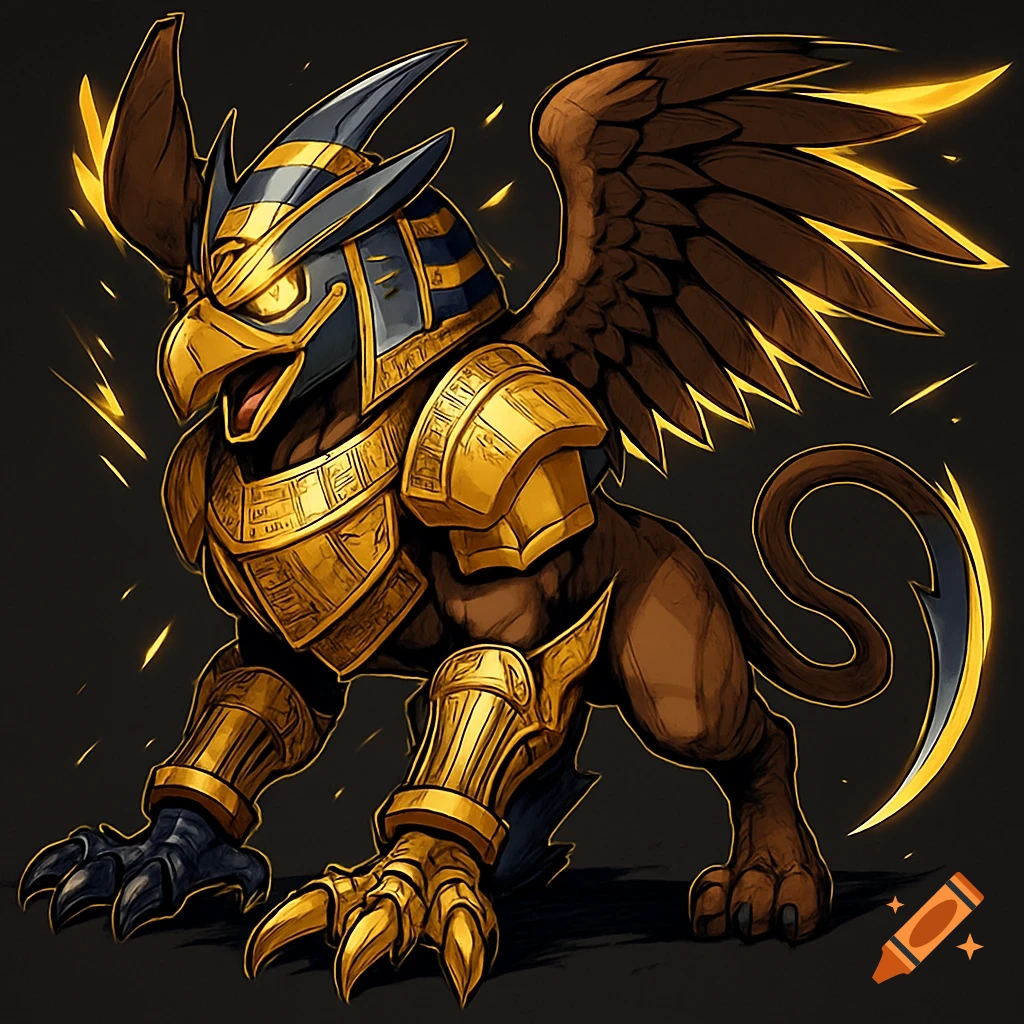 Highly detailed digital artwork of a Digimon-style griffin in Egyptian ...