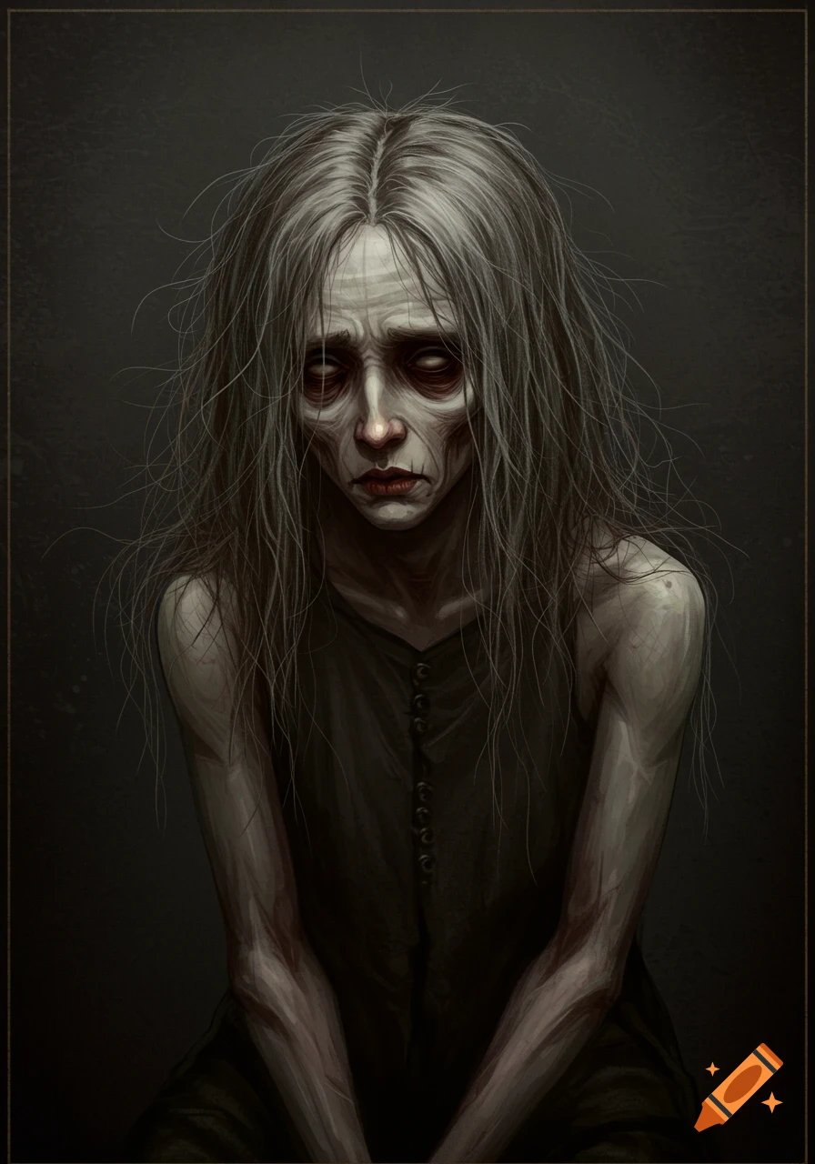 Illustration of a gaunt, sad figure with long, messy gray hair, looking ...