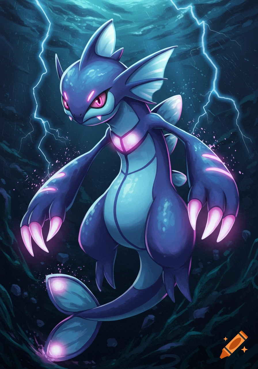 Illustration of a blue and purple Pokémon-like creature with glowing ...