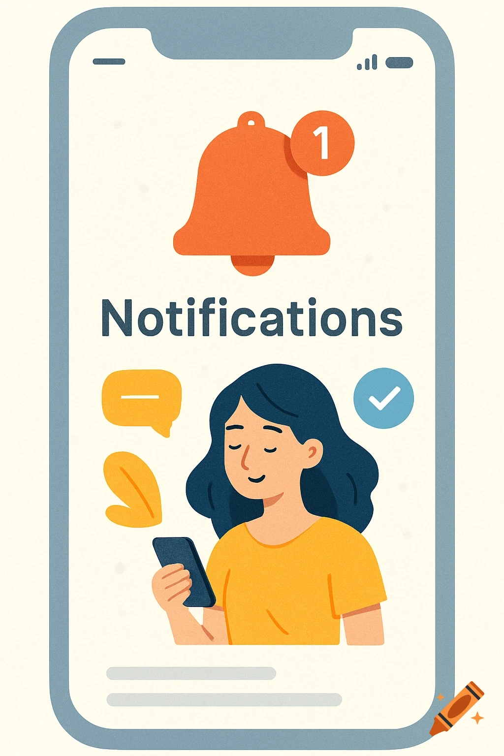 Illustration of a mobile phone screen with a bell icon, notifications ...