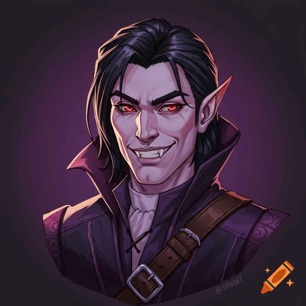 Illustration of a smiling male vampire elf with red eyes and fangs ...