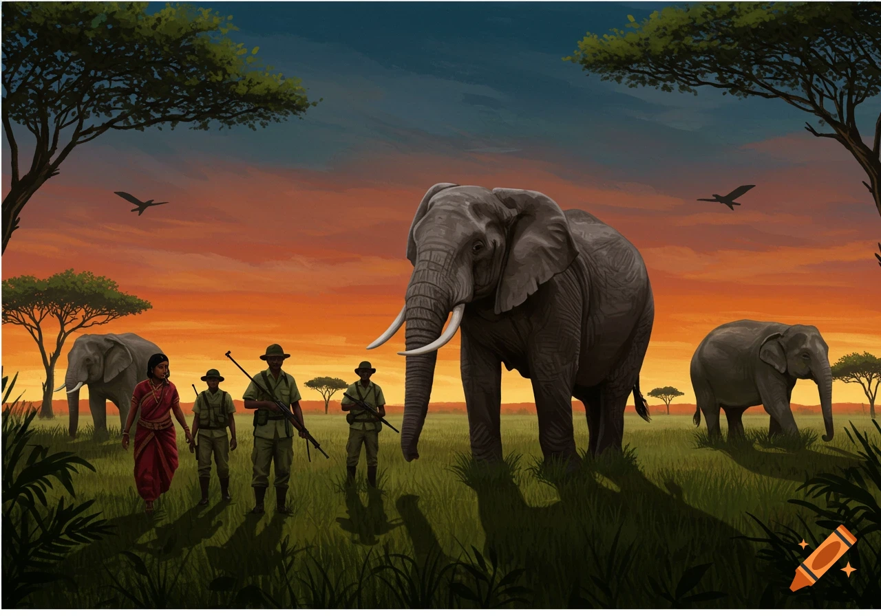 Illustration of elephants and anti-poaching rangers in a savanna at ...