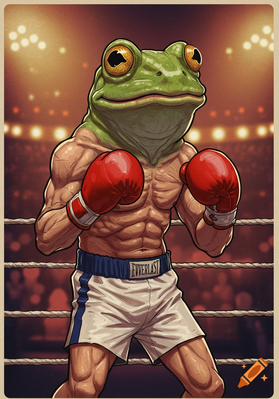 Illustration of a muscular frog wearing boxing gloves in a ring. on Craiyon