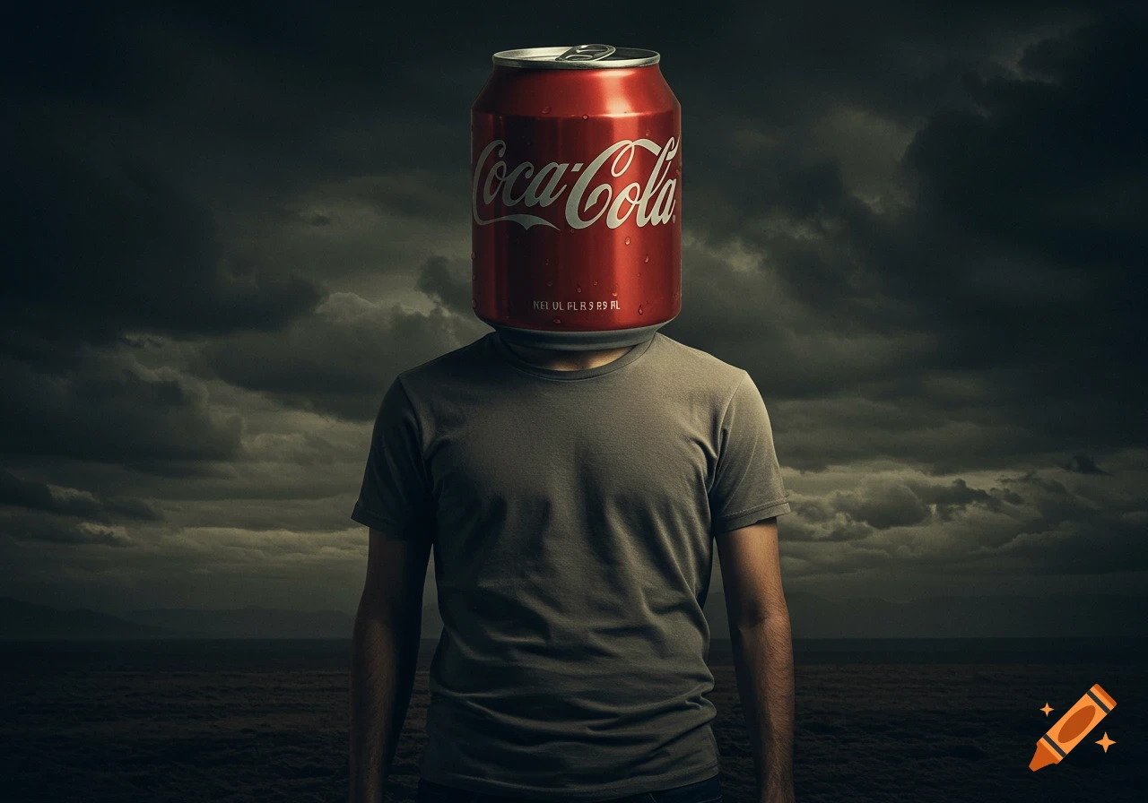 Person with a Coca-Cola can for a head stands against a dark, cloudy background. on Craiyon
