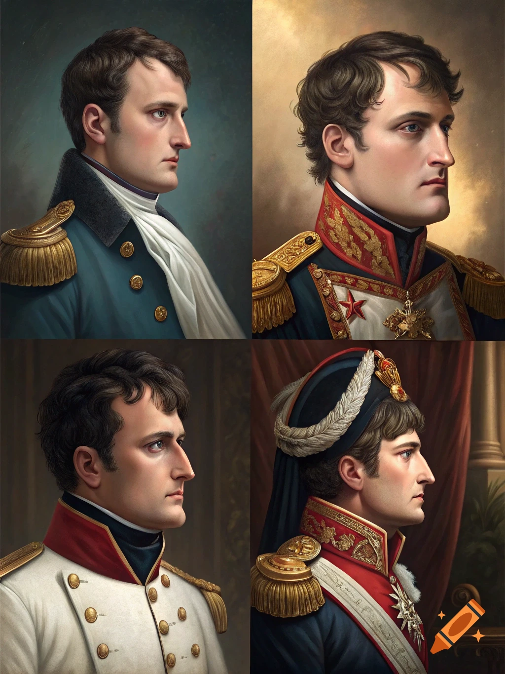 Four portraits of Napoleon Bonaparte in different military uniforms in ...