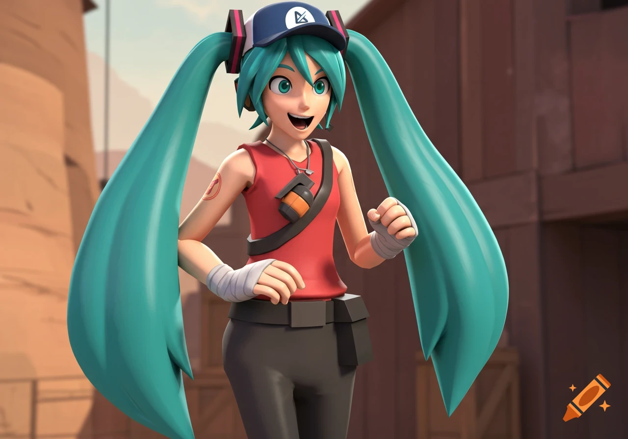 Hatsune Miku in a Team Fortress 2 Scout outfit in a TF2 environment ...