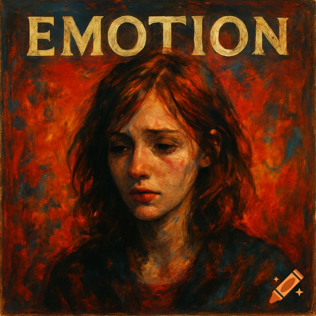 Painterly portrait of a sad face with tears, with 'EMOTION' text above ...