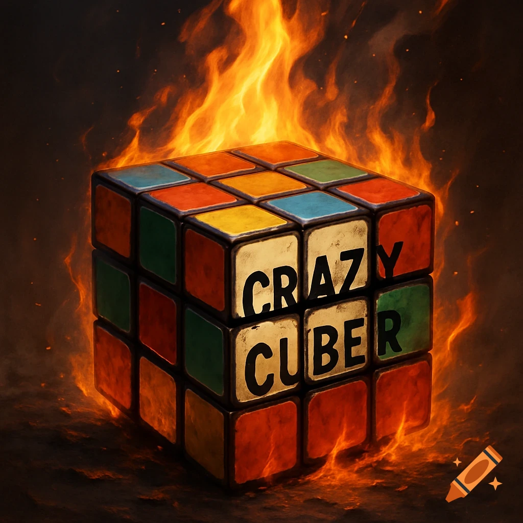 A Rubik's cube is on fire with the words CRAZY CUBER on its faces. on ...