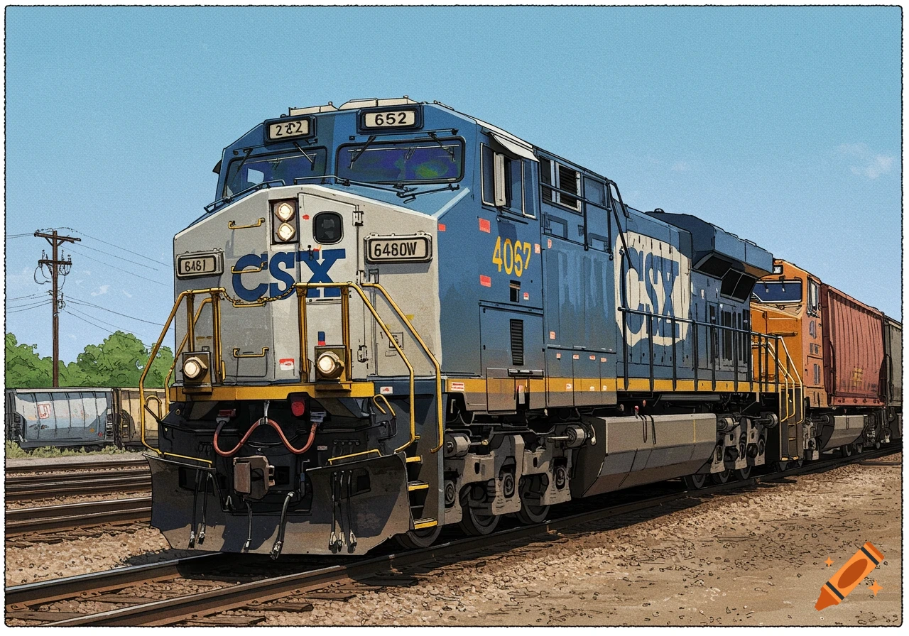An illustration of a blue and gray CSX locomotive pulling freight cars on a track. on Craiyon