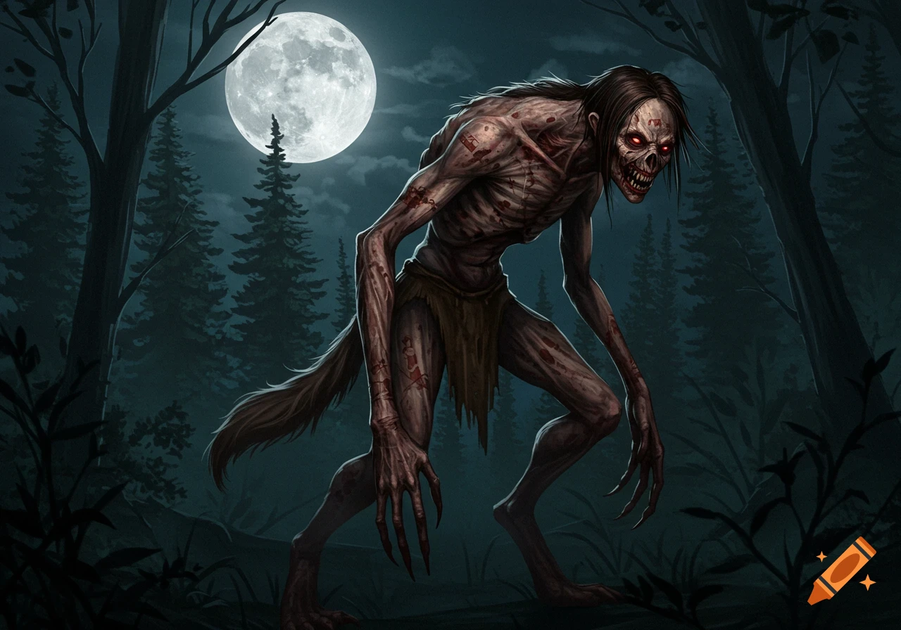 A gaunt creature with red eyes stands in a dark forest under a full moon, illustration. on Craiyon