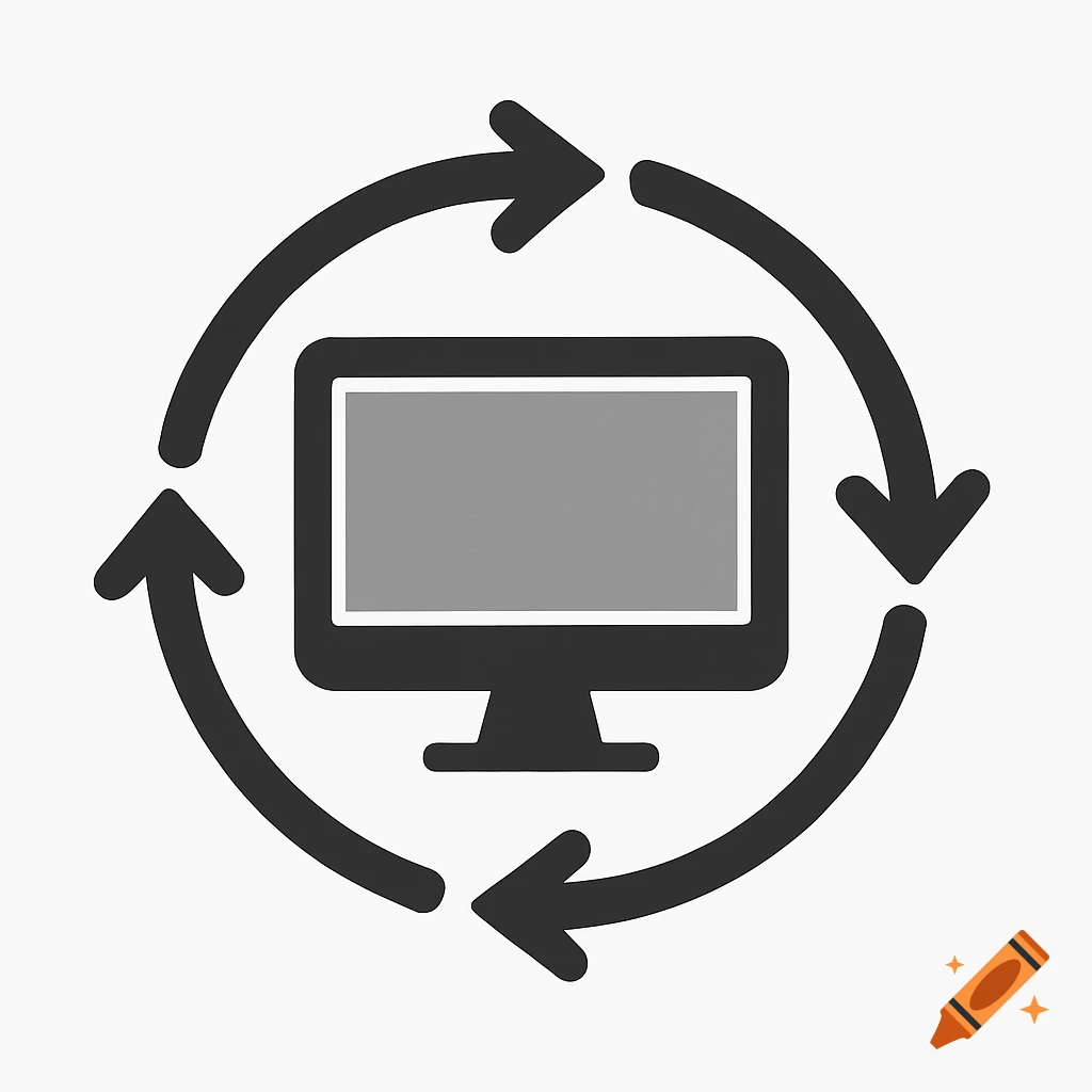 Icon of a computer monitor surrounded by circular arrows on Craiyon