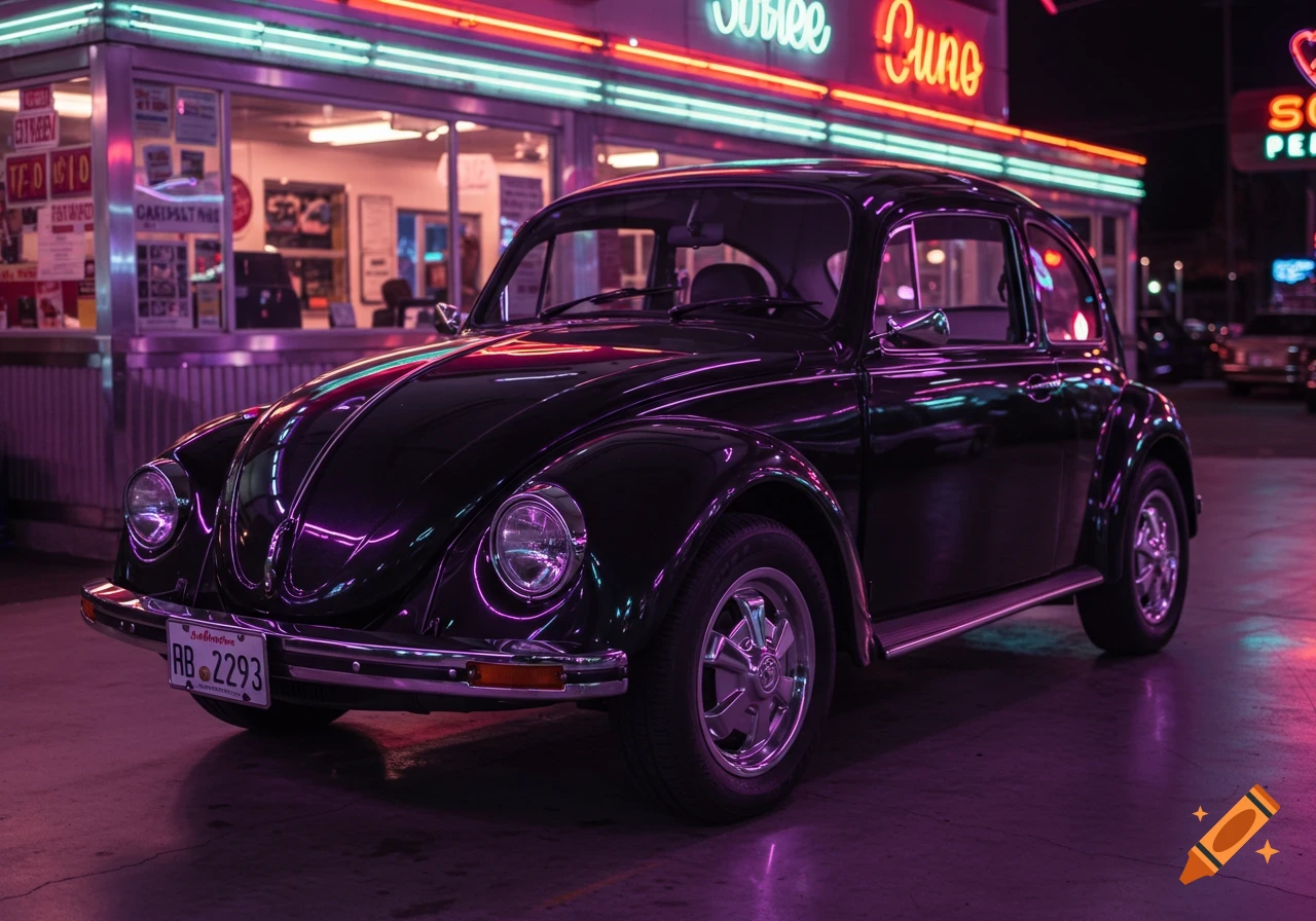 Black VW Beetle parked at a neon-lit diner at night, photorealistic. on ...