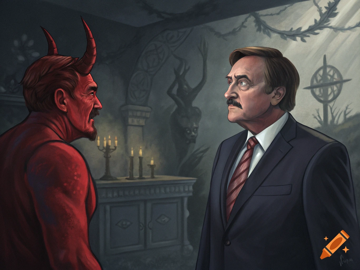 Digital painting of a red-skinned devil talking to a man in a suit in a ...