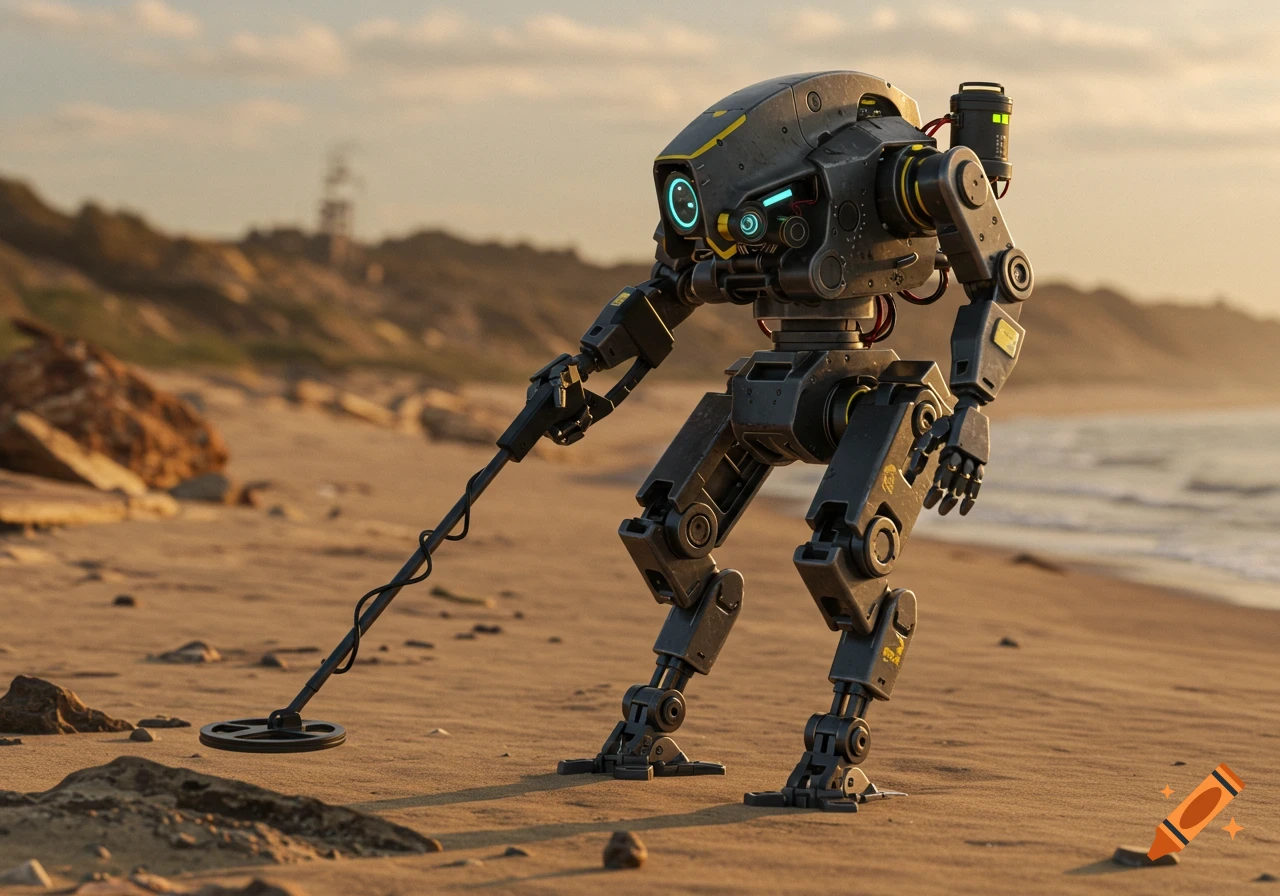 A detailed sci-fi robot using a metal detector on a sunny beach. on Craiyon