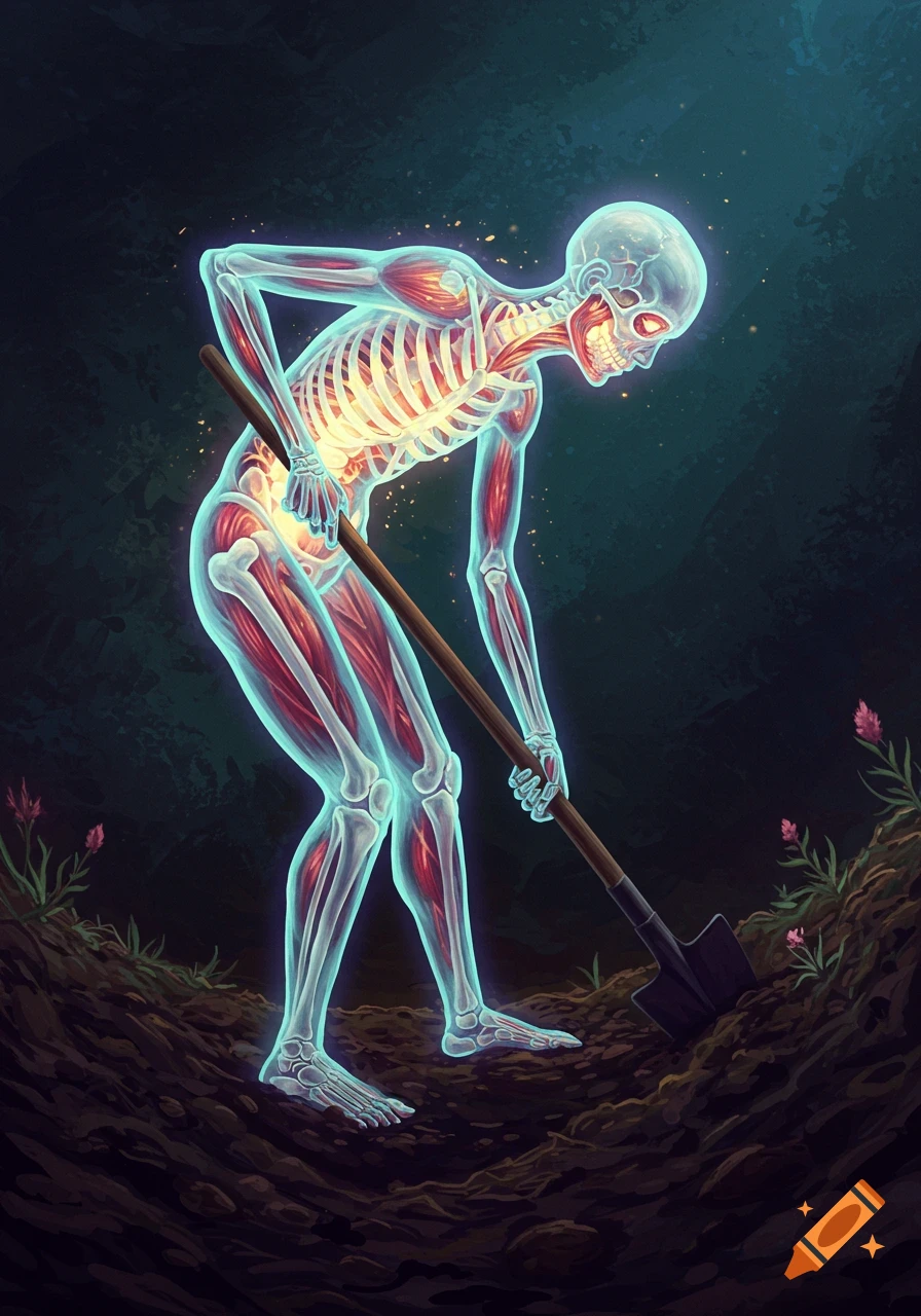 A glowing skeletal figure with visible muscles digs a hole in the ...