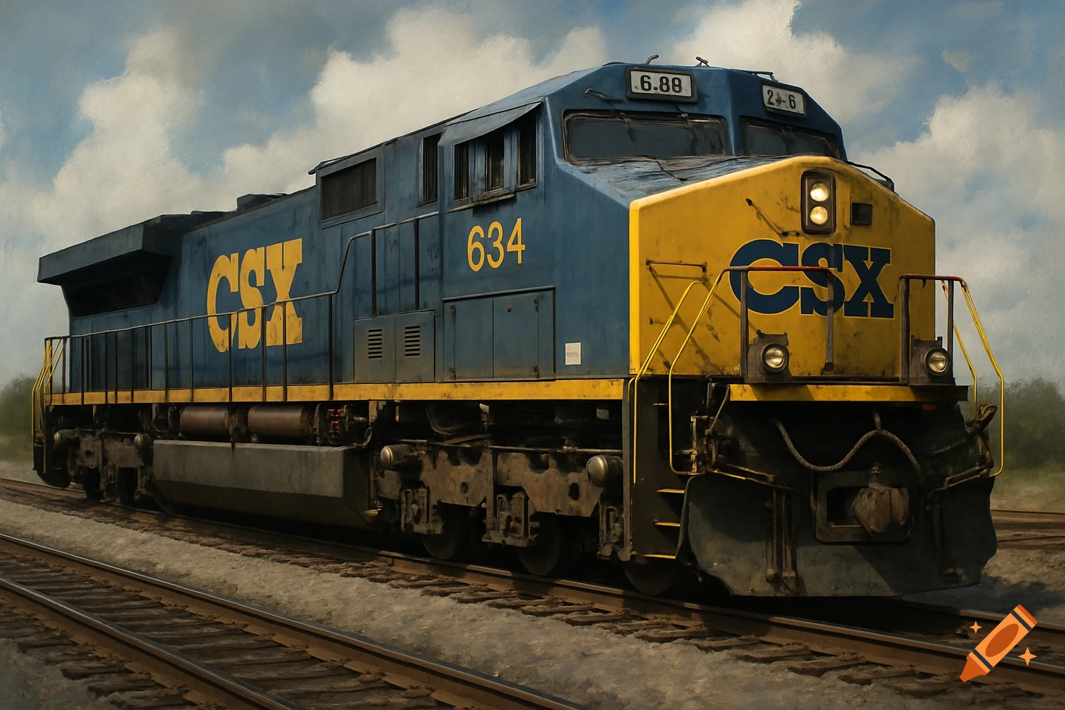 A blue and yellow CSX train on tracks under a cloudy sky, in a realistic style. on Craiyon
