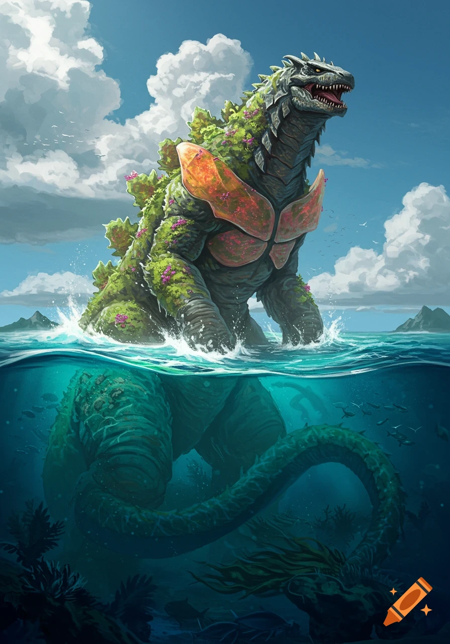 Large reptilian monster covered in moss, flowers, and rock emerges from ...