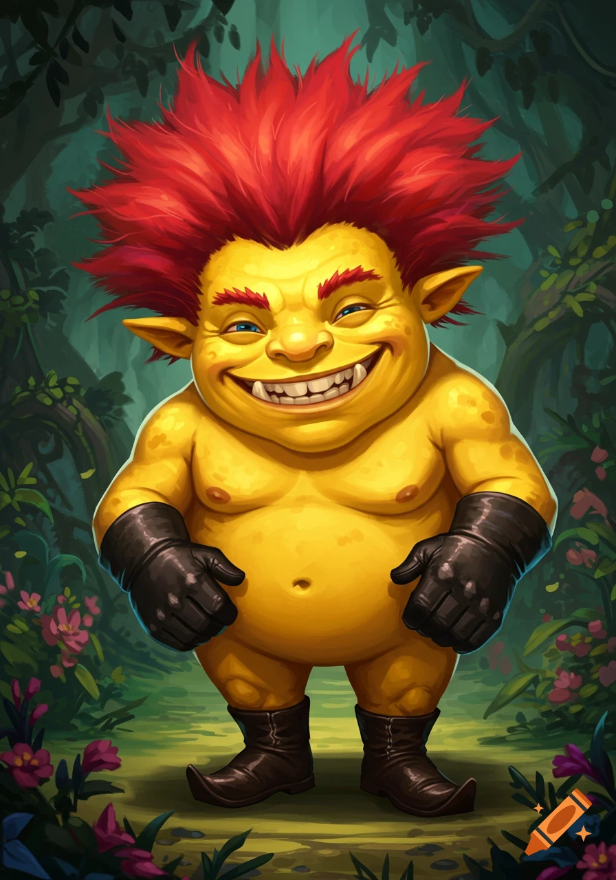 A cartoonish yellow troll with spiky red hair and big grin stands in a ...