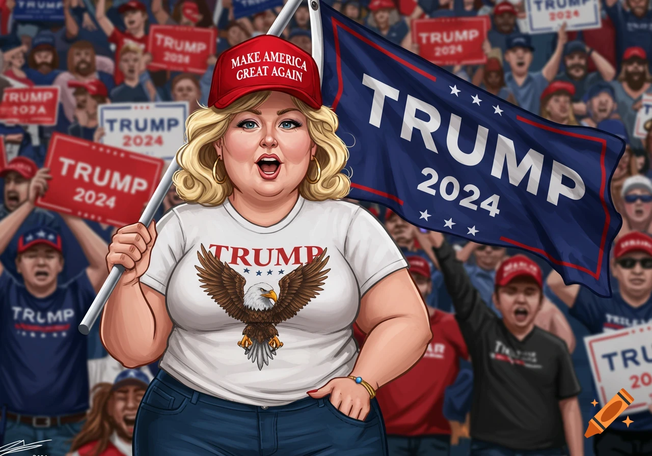 Woman in MAGA hat holds a Trump flag at a political rally with a crowd ...