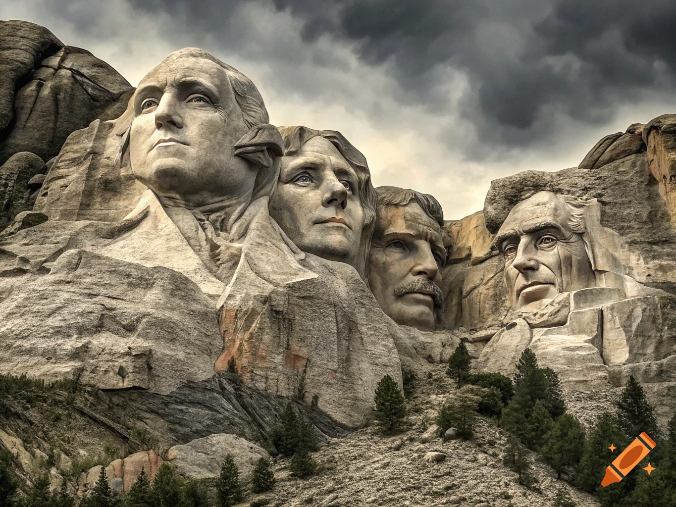 Monumental stone carving of four faces on a mountain under stormy ...