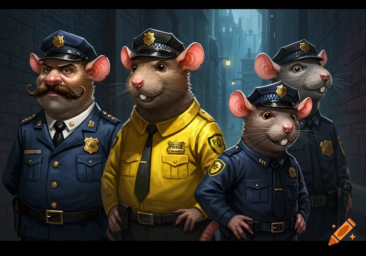Illustration of four anthropomorphic rats wearing police uniforms ...