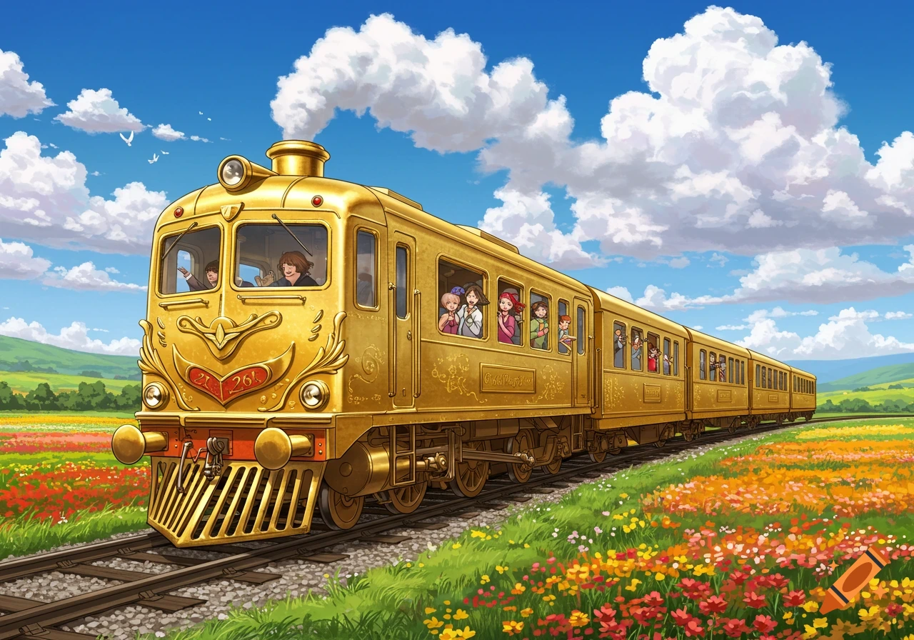 An illustrative image of a golden train with passengers traveling ...