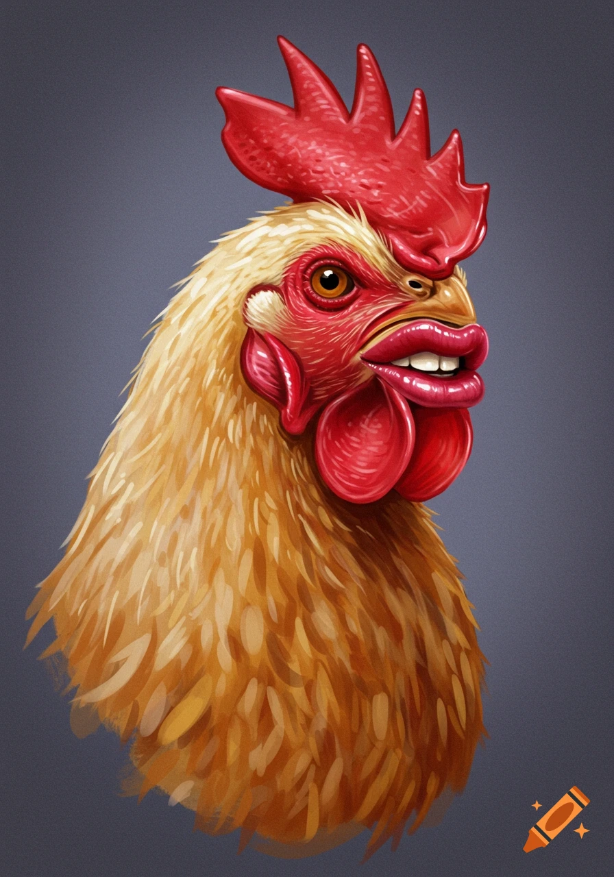 Portrait of a chicken with large red human lips and teeth. on Craiyon