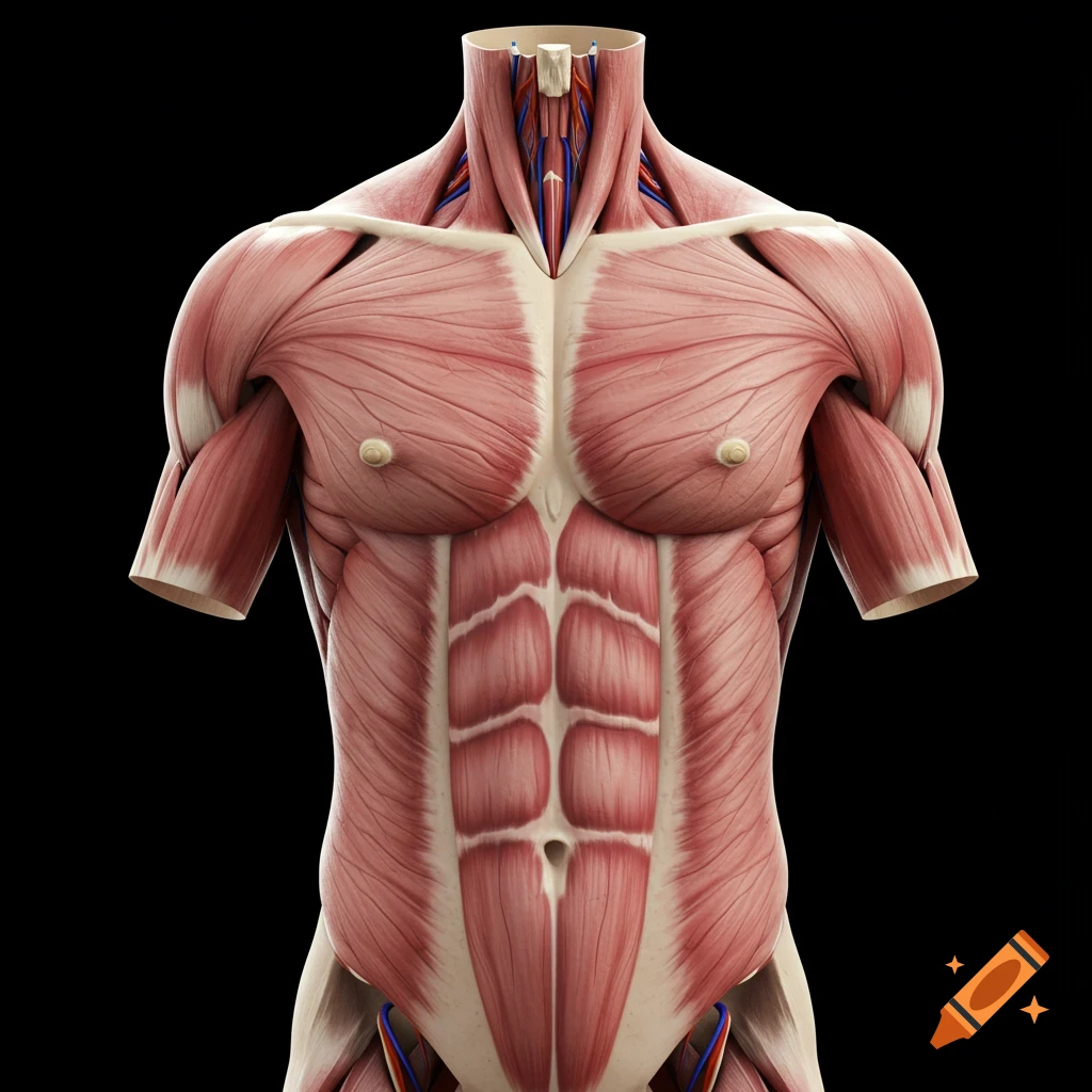 Detailed anatomical rendering of human torso muscles, veins, and bone ...