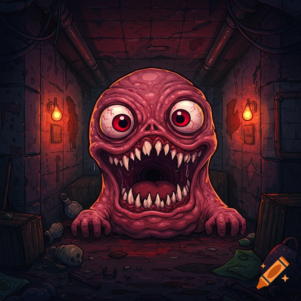 Cartoonish pink monster with big eyes and teeth in a dark basement, in ...