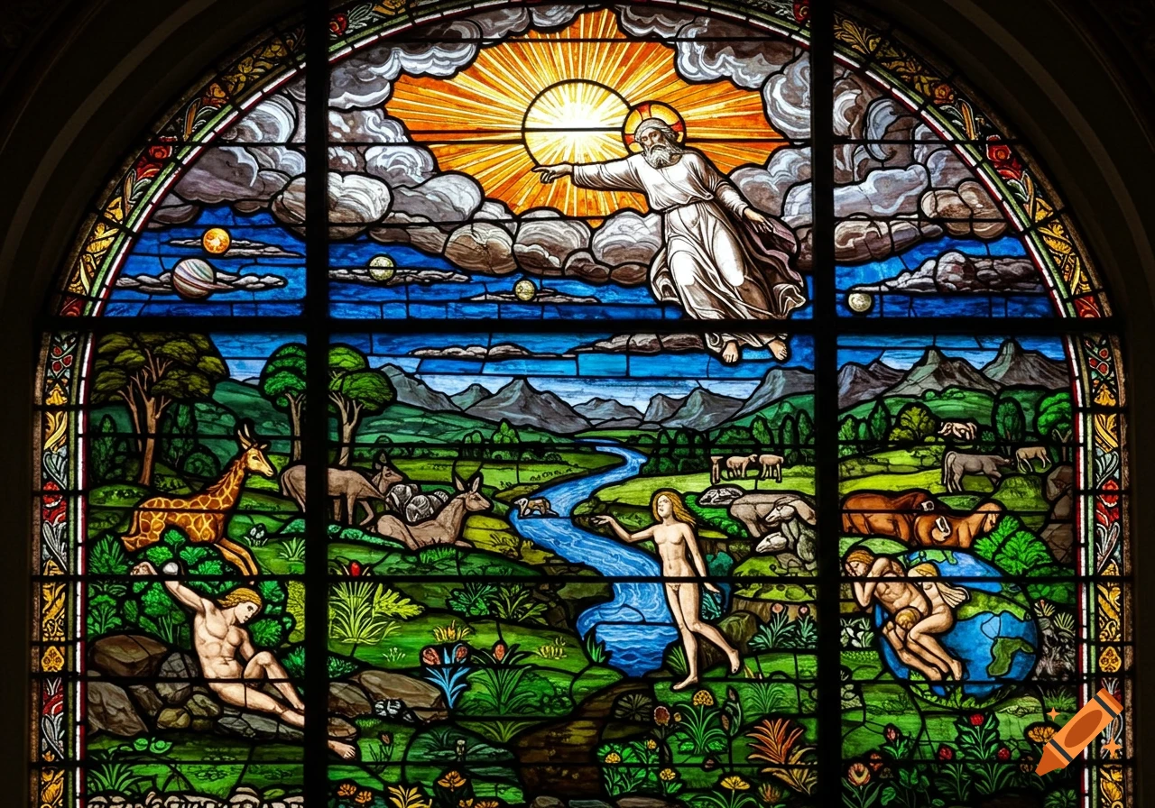 Stained glass window depicting the biblical Creation: God over a ...