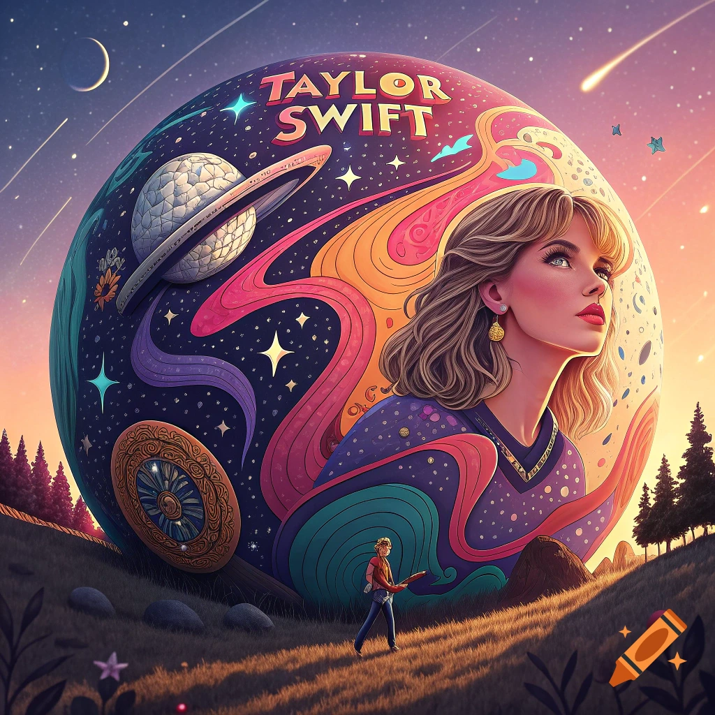 Stylized portrait of Taylor Swift on a large celestial orb in a fantasy landscape. on Craiyon