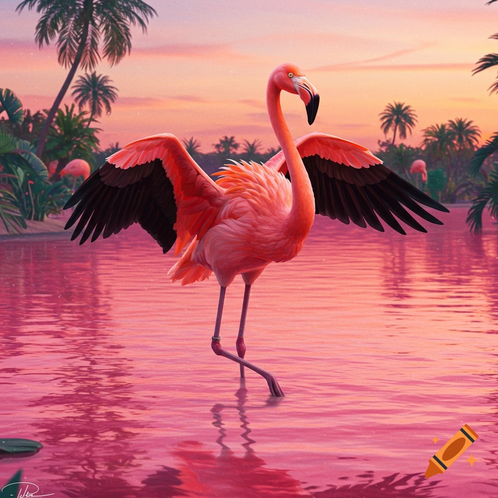 Vibrant illustration of a flamingo in pink water with wings spread at sunset on Craiyon