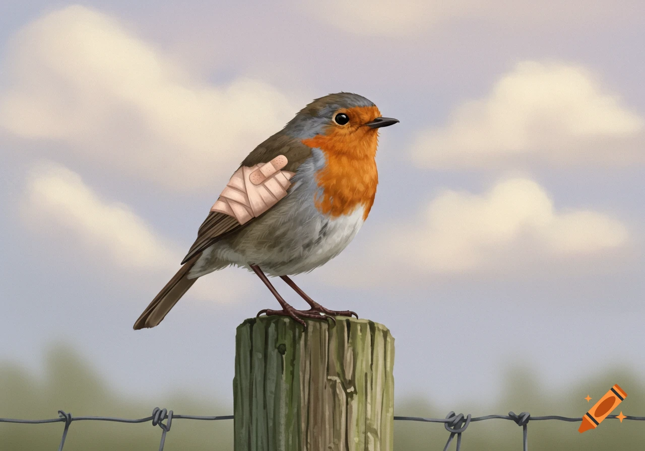 An illustration of a robin with a bandage on its wing, perched on a ...