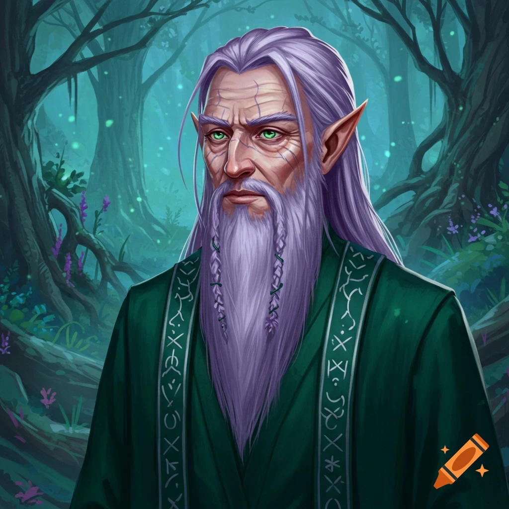 An old male elf with lavender hair and beard stands in a forest. on Craiyon