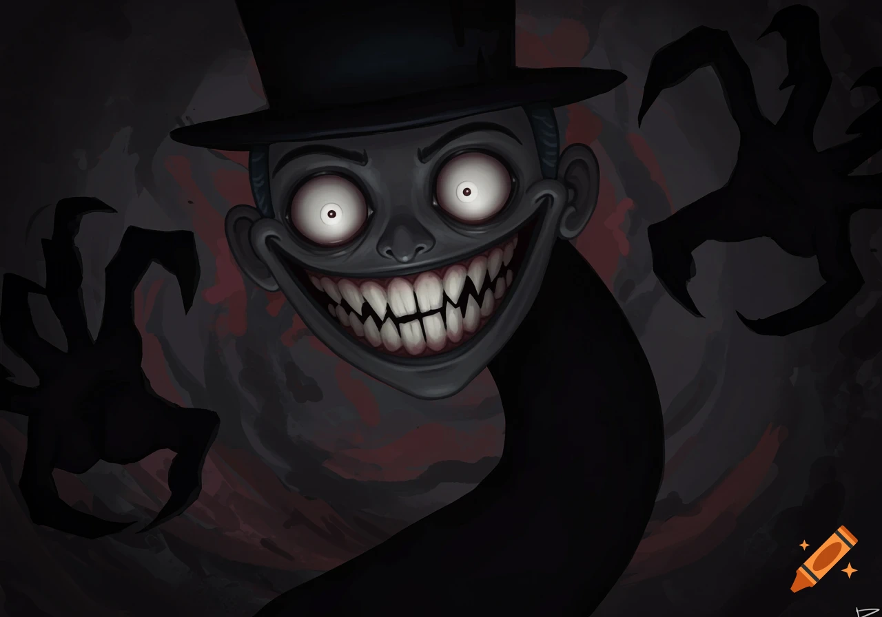 A stylized, dark illustration of a wide-eyed monster in a top hat with ...