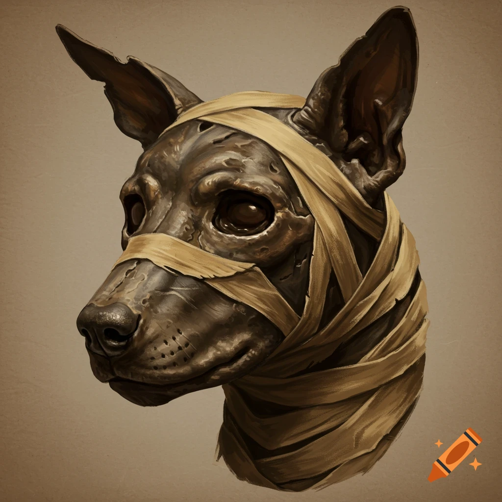 Illustration of a mummified dog head wrapped in bandages. on Craiyon