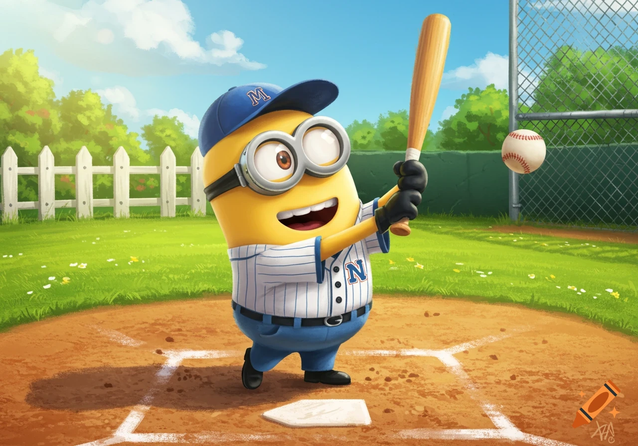 Cartoon illustration of a Minion playing baseball on a sunny field. on Craiyon