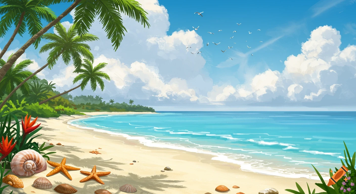A vibrant illustration of a tropical beach with palm trees, seashells ...