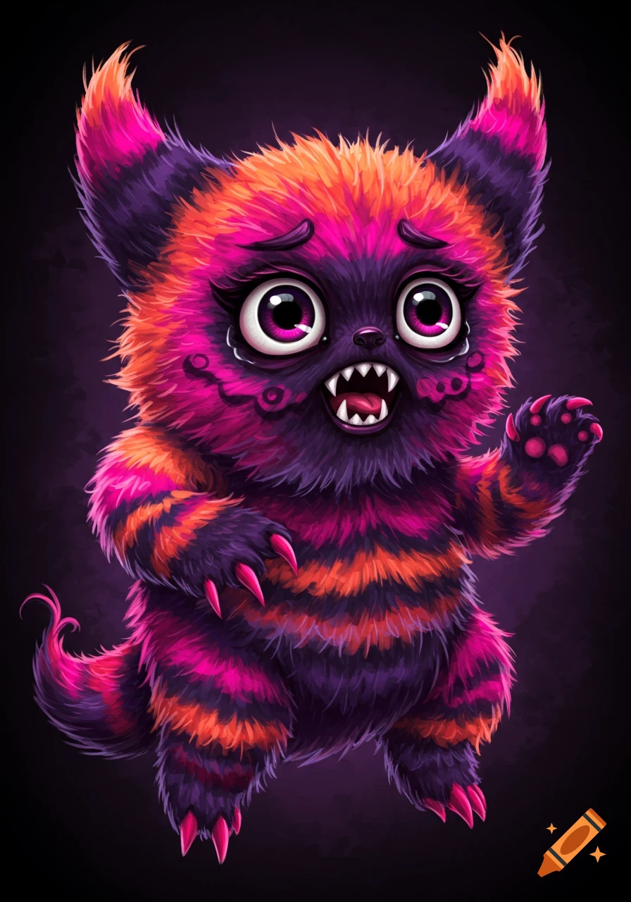 A cute, furry monster creature with purple, pink, and orange stripes, large eyes, tiny fangs ...