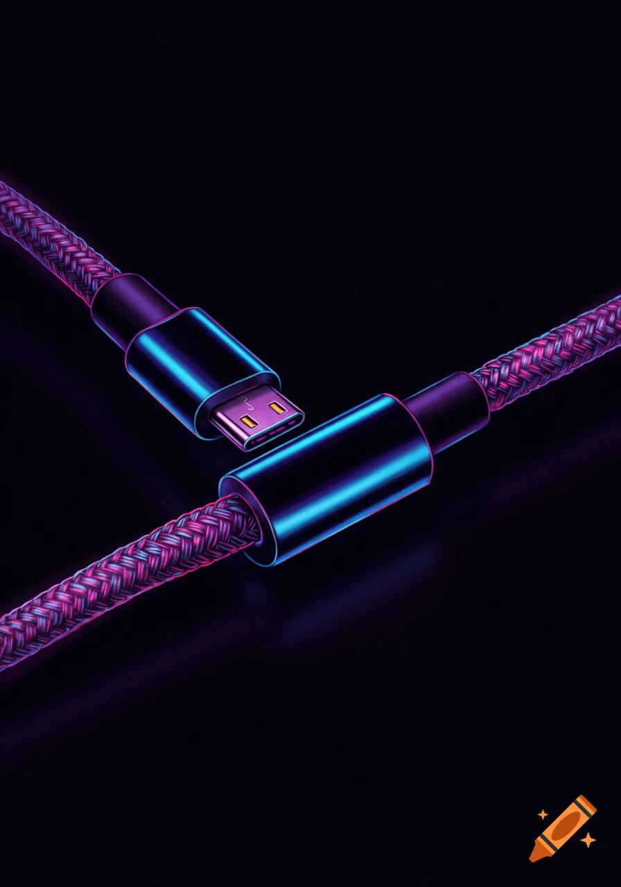 Two braided data cables lit with purple and blue neon light. on Craiyon