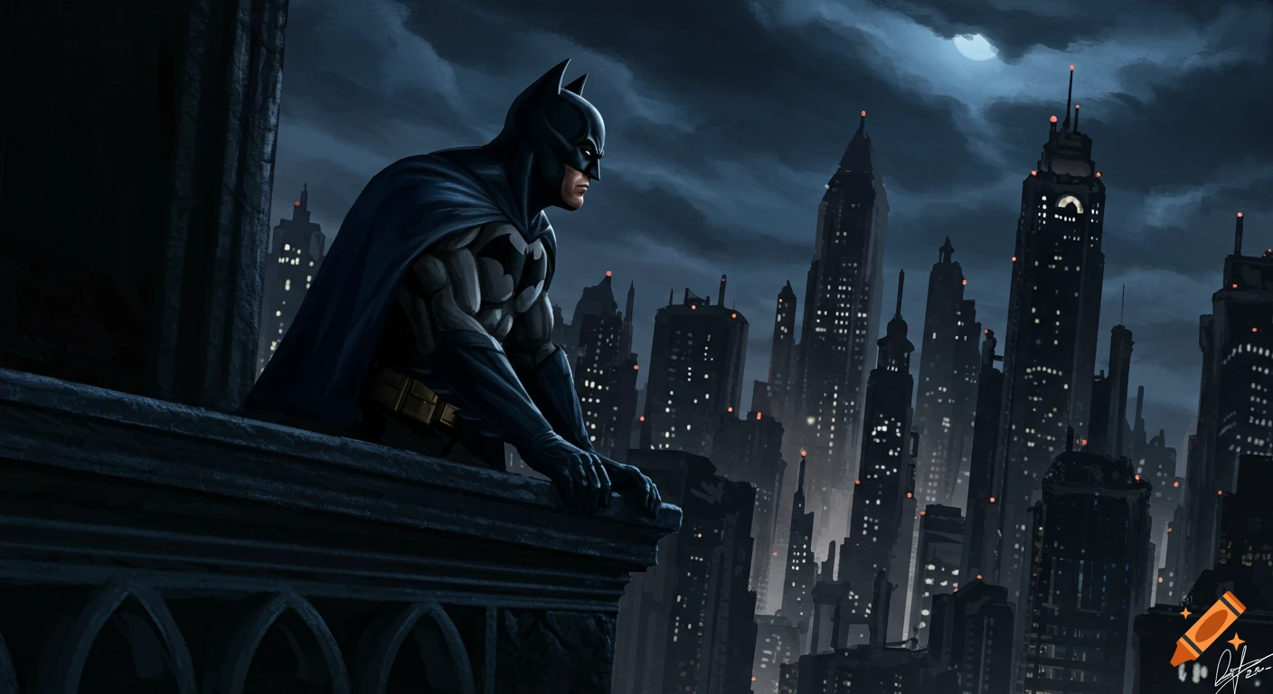 Batman on a rooftop overlooking a dark city skyline at night. on Craiyon