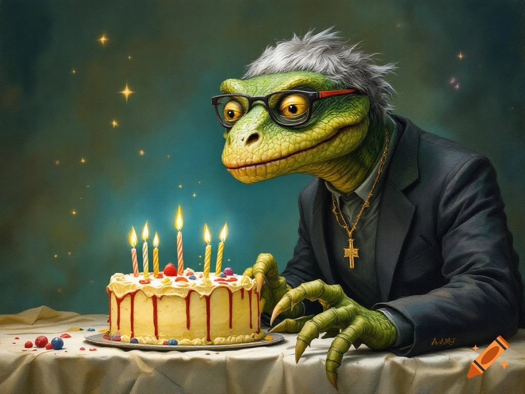 A reptilian humanoid with glasses and a suit leans towards a birthday ...