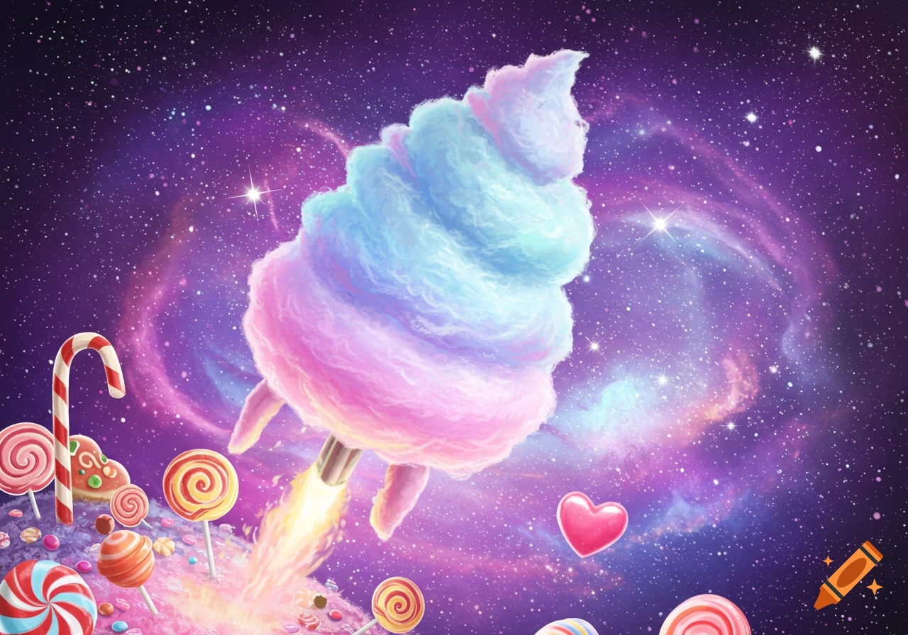 A cotton candy rocket flies through a purple and pink galaxy filled ...