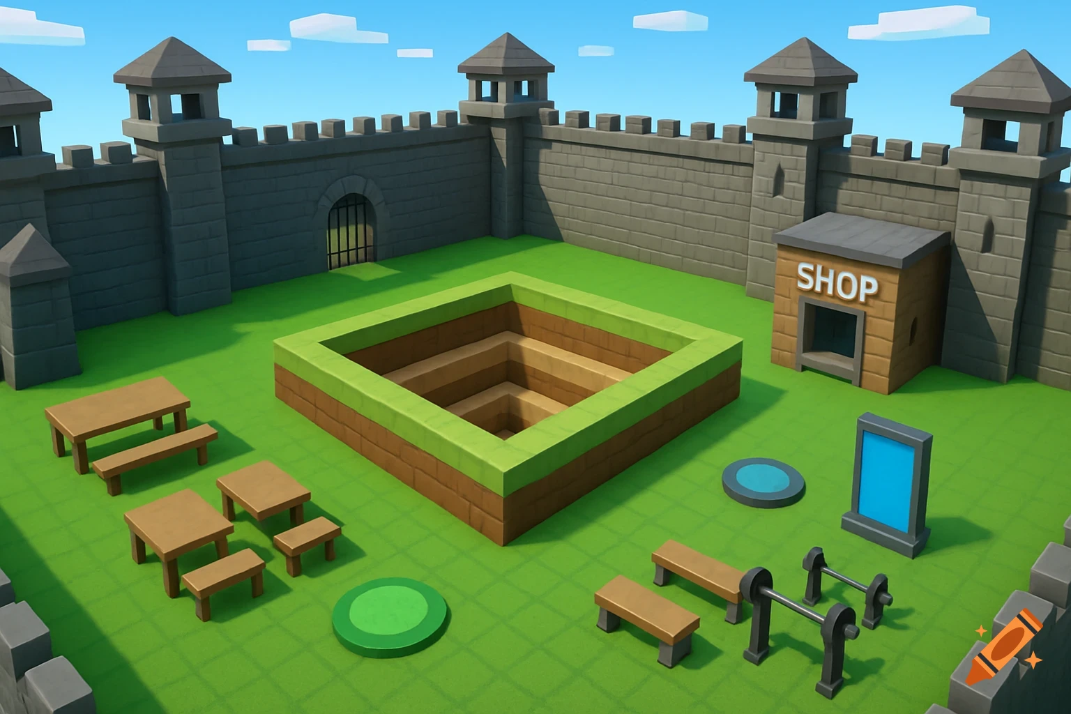 3D render of a blocky prison-themed game environment with a mine pit ...