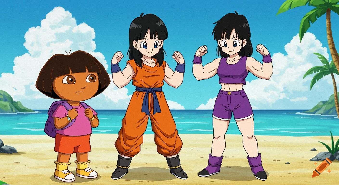Dora the Explorer looks on as two female anime characters flex their ...